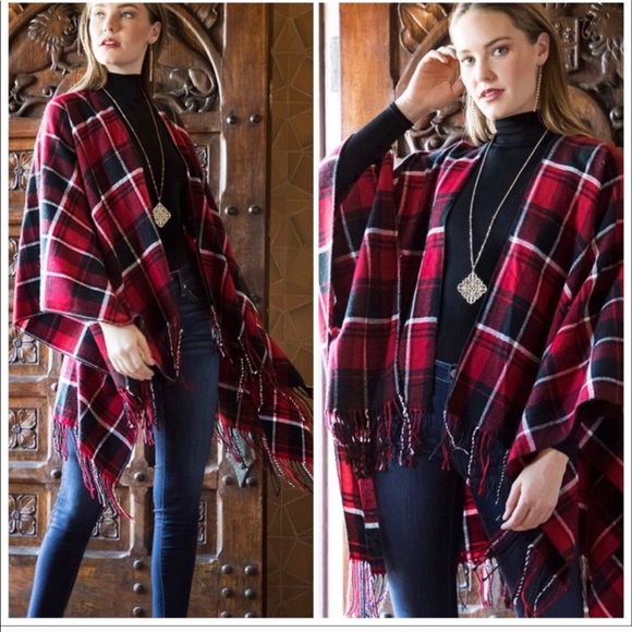 Sweaters | Red Plaid Soft Poncho Ruana | Poshmark